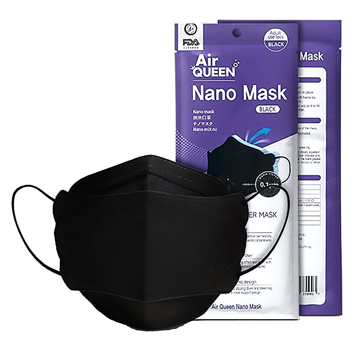 Black AirQueen Nano Fiber Filter Face Safety Mask for Adult, Individually Packaged, Made in Korea [Pack of 10]