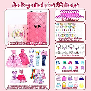 98 Pack Doll Clothes and Accessories with Closet Wardrobe DIY Playset for 11.5 Inch Doll Including Wedding Dress Fashion Dress Casual wear Swimsuit Shoes Hangers Necklace Bags (11.5inch)