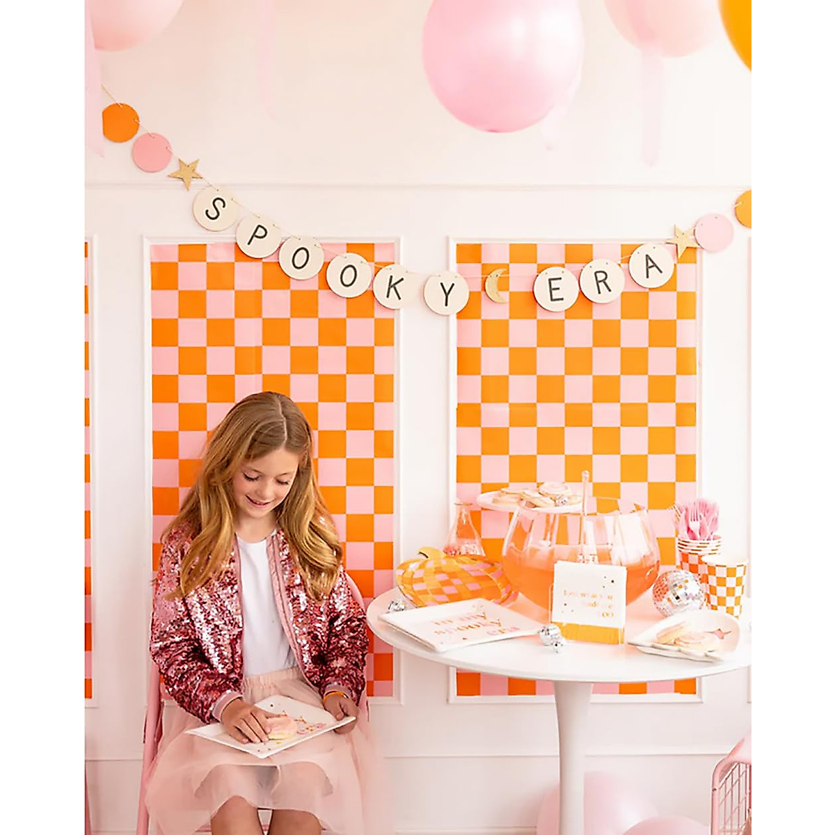 Halloween Banner Spooky Era Friendship Bracelet, Hanging Halloween Decor Cardboard Beaded Bracelet 6' Long with 4" Letters Gold Glitter Moon and Stars