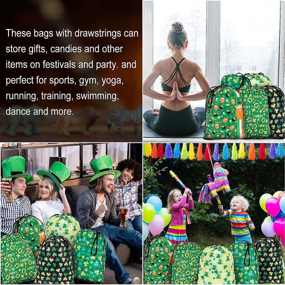 Whaline 5 Pieces St Patrick's Day Drawstring Bags, Shamrock Backpack Irish Large Goody Treat Candy Bags Bulk Wrapping Gift Bag for St Patrick's Party Favors