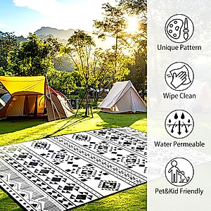 DiiKoo Outdoor Rug Mat for Patio, 6x9ft Waterproof Reversible Plastic Straw Rugs, Camping Carpet Area Mats for RV, Porch, Deck, Backyard, Balcony, Camper, Picnic, Beach, Trailer, Black & White