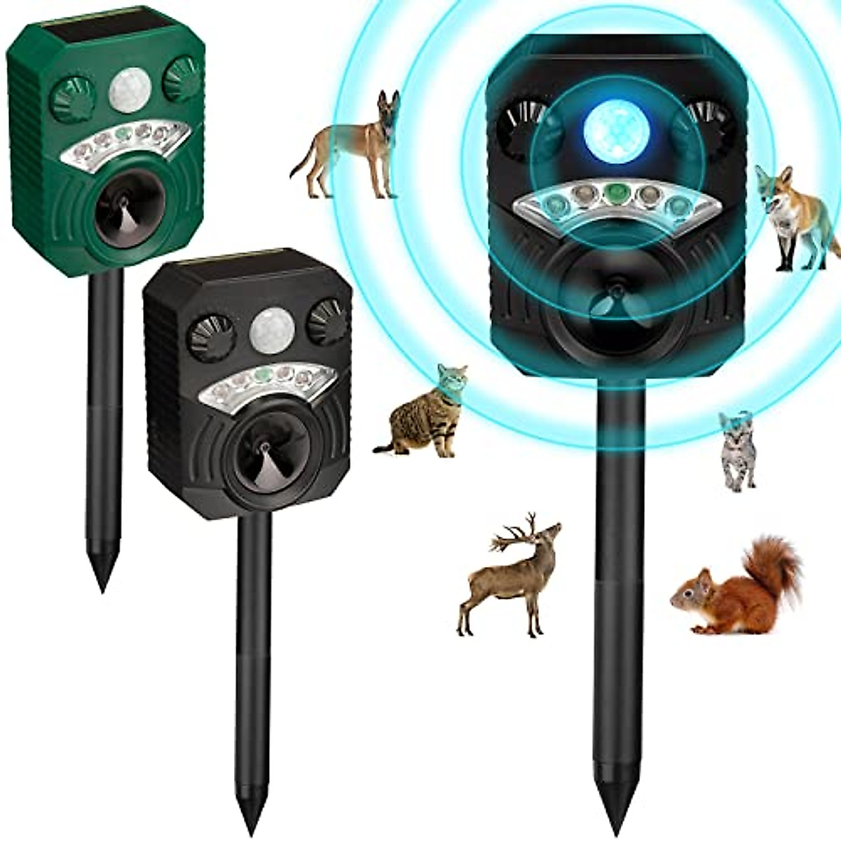 Ultrasonic Animal Repellent Solar Animal Repeller Ultrasonic Dog Repeller Deer Deterrent Deer Repellent Device Repels Cat Deer Raccoon Dog Rabbit Skunk Squirrel for Outdoor Yard, Black, Green (2 Pcs)