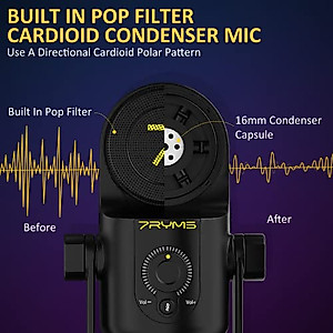 7RYMS USB Microphone Cardioid Condenser Gaming Mic Metal Large Diaphragm Microphone for PC, Computer, Laptop, PS4/5 with Built-in Pop Filter Desk Stand for Podcasting, Streaming, ASMR (SR-USB Mini)