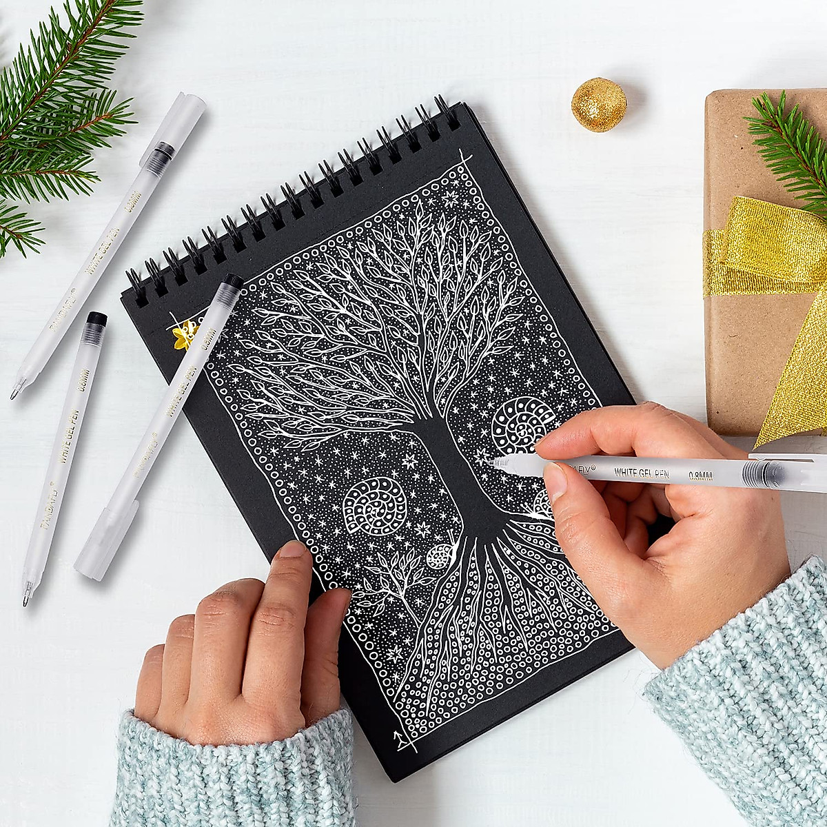 PANDAFLY White Gel Pens Set, 6 Pack, 0.8mm Fine Point Pens Gel Ink Pens For Artists, Archival Ink Pens, White highlight Pens for Black Paper Drawing, Illustration, Sketching, Writing