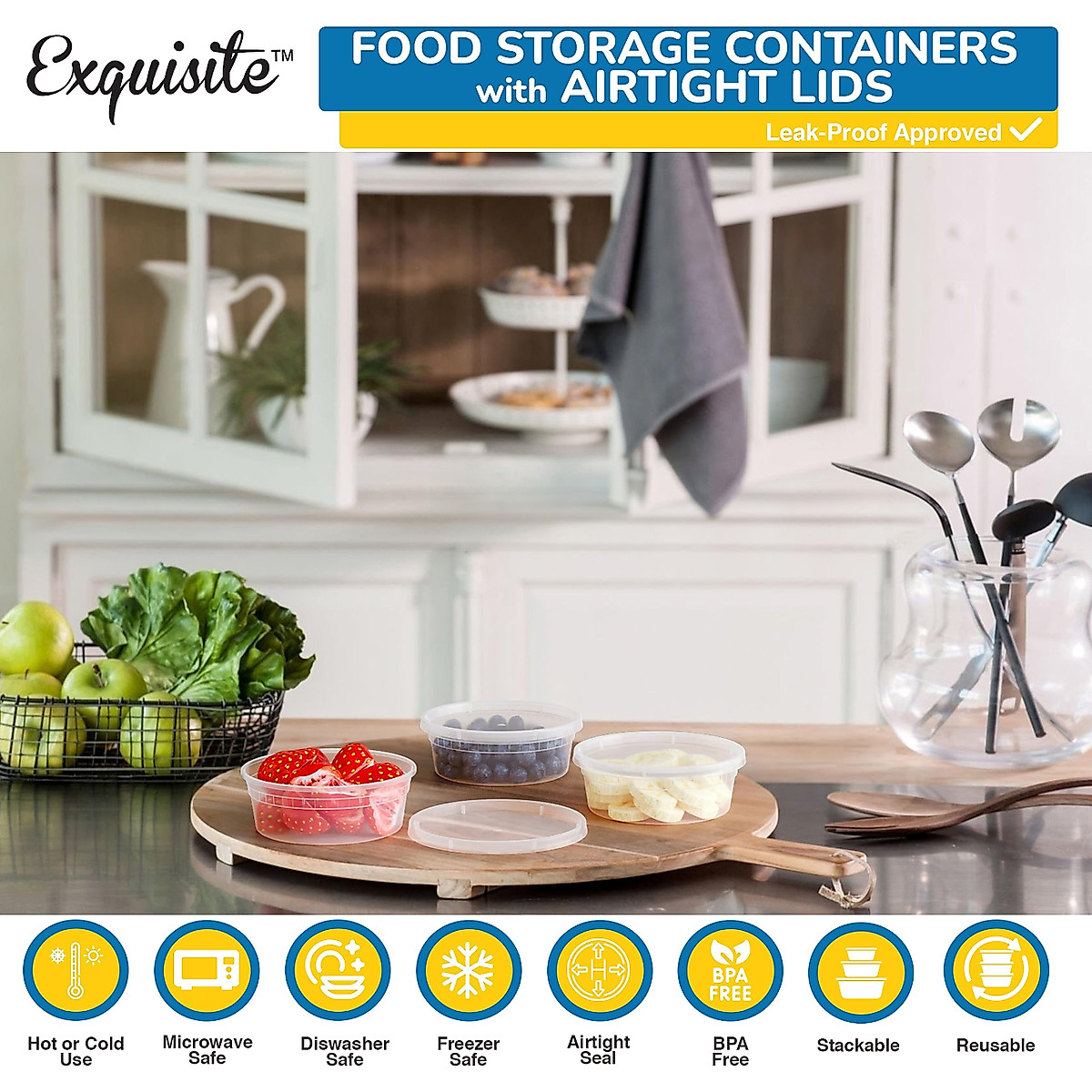 Exquisite Disposable 8 oz Plastic Containers With Lids - 48 Pack - Leak Resistant, Stackable, Microwave & Freezer Safe - Clear Rectangular Deli Containers