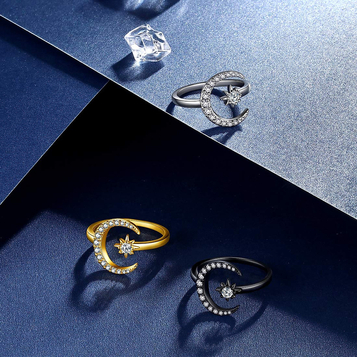 beautlace Star and Moon Adjustable Rings Black Gun Plated Crescent Moon Stars Open Ring Jewelry for Women KR0032K