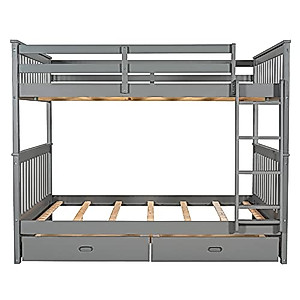 BIADNBZ Full Over Full Bunk Bed with Two Storage Drawers, Solid Wood Bedframe w/Ladders Guard Rail, Convertible to 2 Beds, for Kids Teens Dorm Bedroom Guest Room, No Box Spring Needed,Gray-D