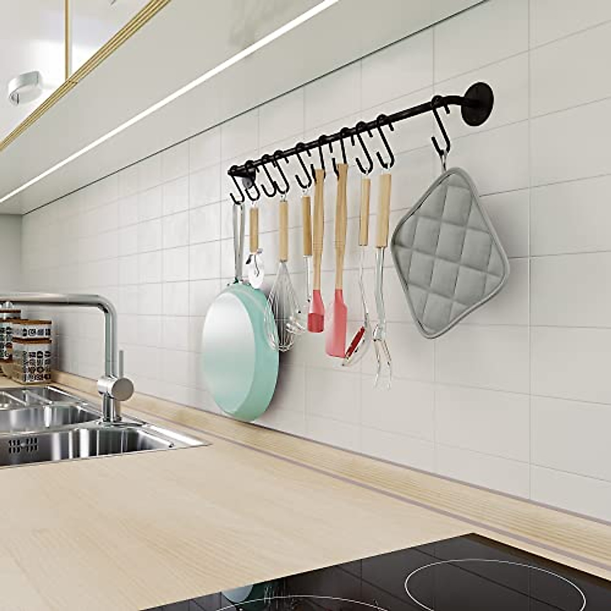 Wallniture 24" Gourmet Kitchen Rail for with 10 S Hooks for Hanging Utensils, Pot Pan Lid Rack Storage Organizer Set, Steel, Black