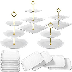 14 Pieces Tiered Cupcake Stand Set Gold 2-Tier 3-Tier Serving Stand Tower Tray with Round Rectangle Food Serving Trays Long Slim Dessert Stand for Party Baby Shower Wedding (White Lace Style)