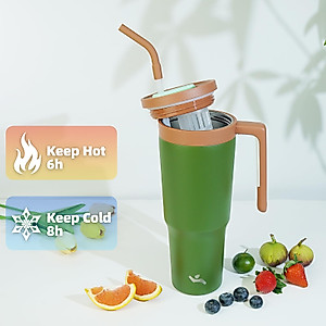 Konokyo Insulated Tumbler with Handle and Straw,40 OZ Vacuum Stainless Steel Water Bottle Travel Mug Metal Cup with Fruit Diffuser,Forest Green