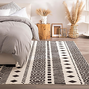 UBTKEY Living Room Area Rug 5x7, Ultra-Thin Non Slip Washable Farmhouse Rugs for Bedroom, Geometric Abstract Boho Area Rugs Large Floor Carpet for Home Office Decor (White/Black, 5' x 7')