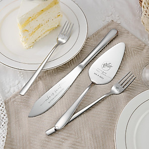 AW BRIDAL 4Pcs Wedding Cake Knife and Server set with Forks, Stainless Steel Engraved Cake Cutting and Pie Server Gifts for Bridal Shower Engagement, Silver