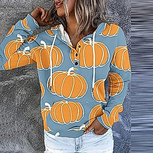 JDHUFEI Halloween Hoodie for Women Fall Casual Long Sleeve Pullover Pumpkin Print Drawstring Sweatshirt Button Loose Fit Tops