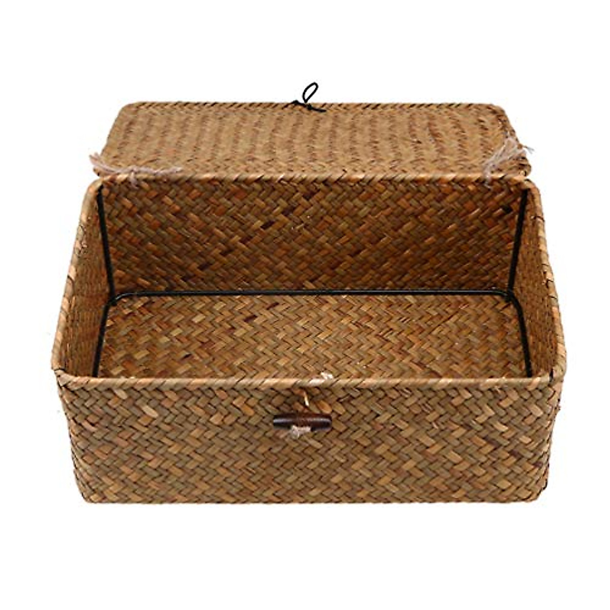 Gatuida Hand-Woven Rectangular Wicker Baskets with Lids, Seagrass Storage Baskets with Button Multipurpose Container for Desktop Home Decor, Size L