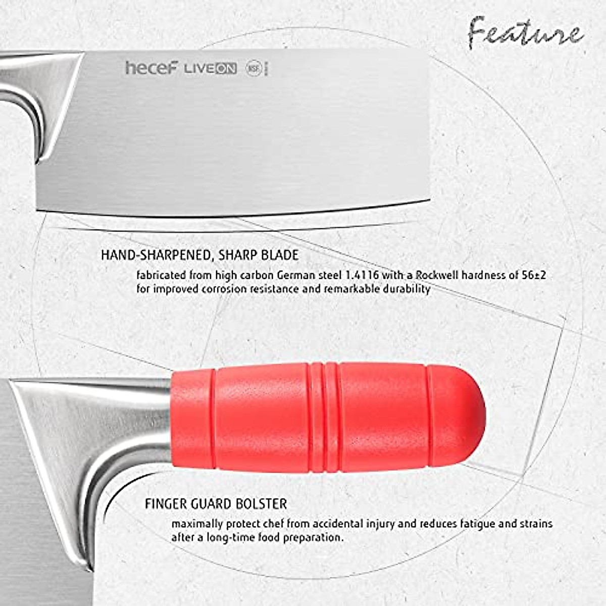 hecef Cleaver Knife 8 Inch, Chinese Chef Knife, German Stainless Steel Slicer Cleaver, Vegetable Meat Cutting Knife for Home & Restaurant, Red