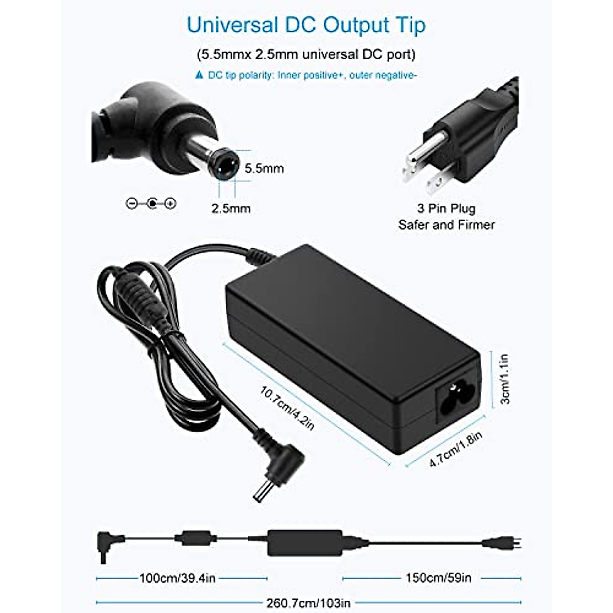 ALITOVE 65W 45W 33W Universal Laptop Charger,19V 3.42A-1.7A Monitor Power Supply Cord for Samsung LG TV HP Monitor Acer Spire Spin Chromebook Toshiba Satellite ASUS Gateway Harmon Kardon Speaker