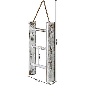 Erhai 3-Tier Mini Whitewashed Wood Wall- Hand Towel Storage Ladder with Rope