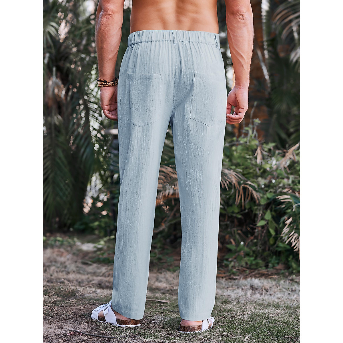 PASLTER Mens Casual Cotton Linen Pants Loose Fit Elastic Waist Yoga Beach Trousers with Pockets Grey
