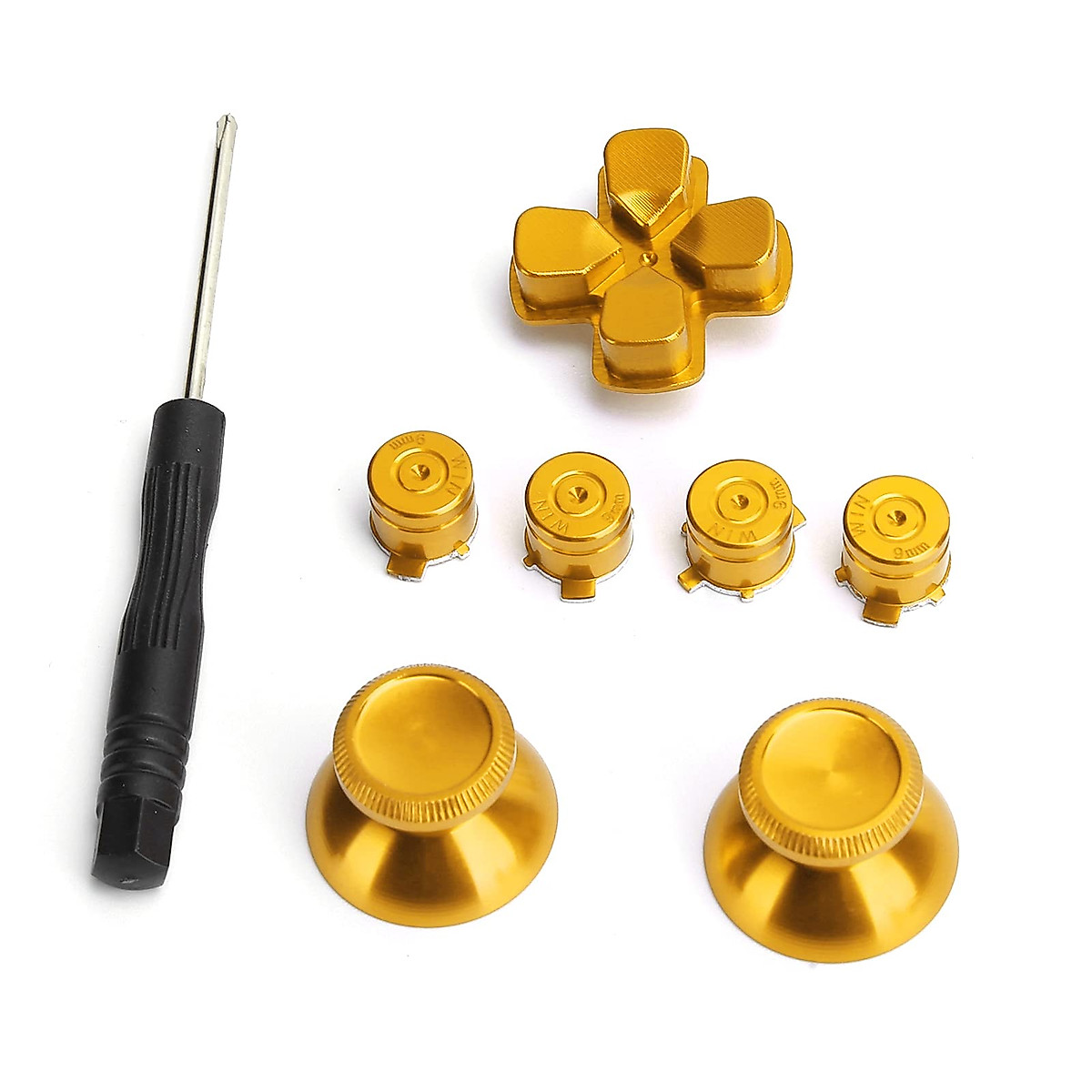 Metal Aluminium Alloy Buttons Set for PS4 Controller, ABXY Bullet Buttons + Thumbsticks Analog Thumb Grip + Chrome D pad for PS4, Joystick Replacement for PS4 Gamepad (Golden)
