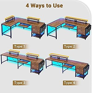 SEDETA 69" L Shaped Gaming Desk, Convertible L Office Desk to Long Computer Desk, Gaming Desk with LED Lights, Corner Desk with File Drawers & Keyboard Tray for Home Office, Rustic Brown