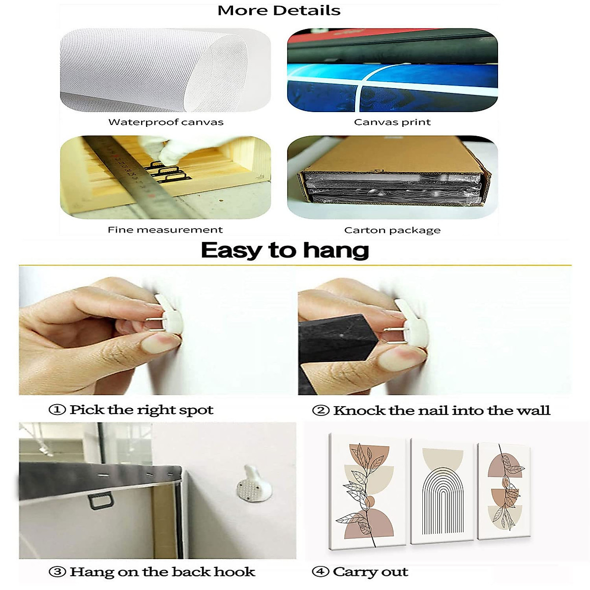 Modern Boho Wall Art Set of 3 - Abstract Geometric Line Leaf Beige Botanical Canvas Paintings Prints Wall Decor, Minimalist Wall Art for Living Room, Bedroom, Office - Framed 12x16 in