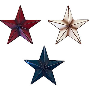 Clovers Garden 6” Metal Barn Stars (Set of 3) Red, White, Blue Star Wall Decor Rustic Farmhouse Hanging Patriotic Texas Star, Indoor Outdoor American Vintage Wall Art Decoration