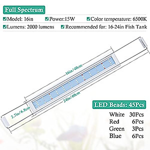 HITOP Full Spectrum LED Aquarium Light – 16-24” Classic Fish Tank Light with Timer, Aquarium Plant Light with Stable Extendable Brackets (16-24in)