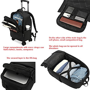 PINKSHE'S Rolling Backpack Water Resistant Rolling Wheeled Backpack 15.6 inch Laptop Compartment Bag for Adults Travel Business College (Black, 20inch)