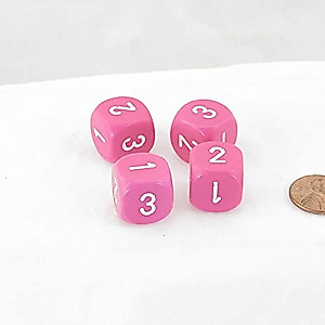 Pink Opaque Dice with White Numbers D3 (d6 1-3 Twice) 16mm (5/8in) Pack of 4 Wondertrail
