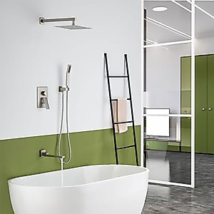 DoBrass Tub Shower Faucets Set Complete with Pre-embedded Valve, 10-inch Square Waterfall Shower Head System with Handheld Shower and Tub Spout, Bathroom with Bathtub, Wall Mounted, Brushed Nickel