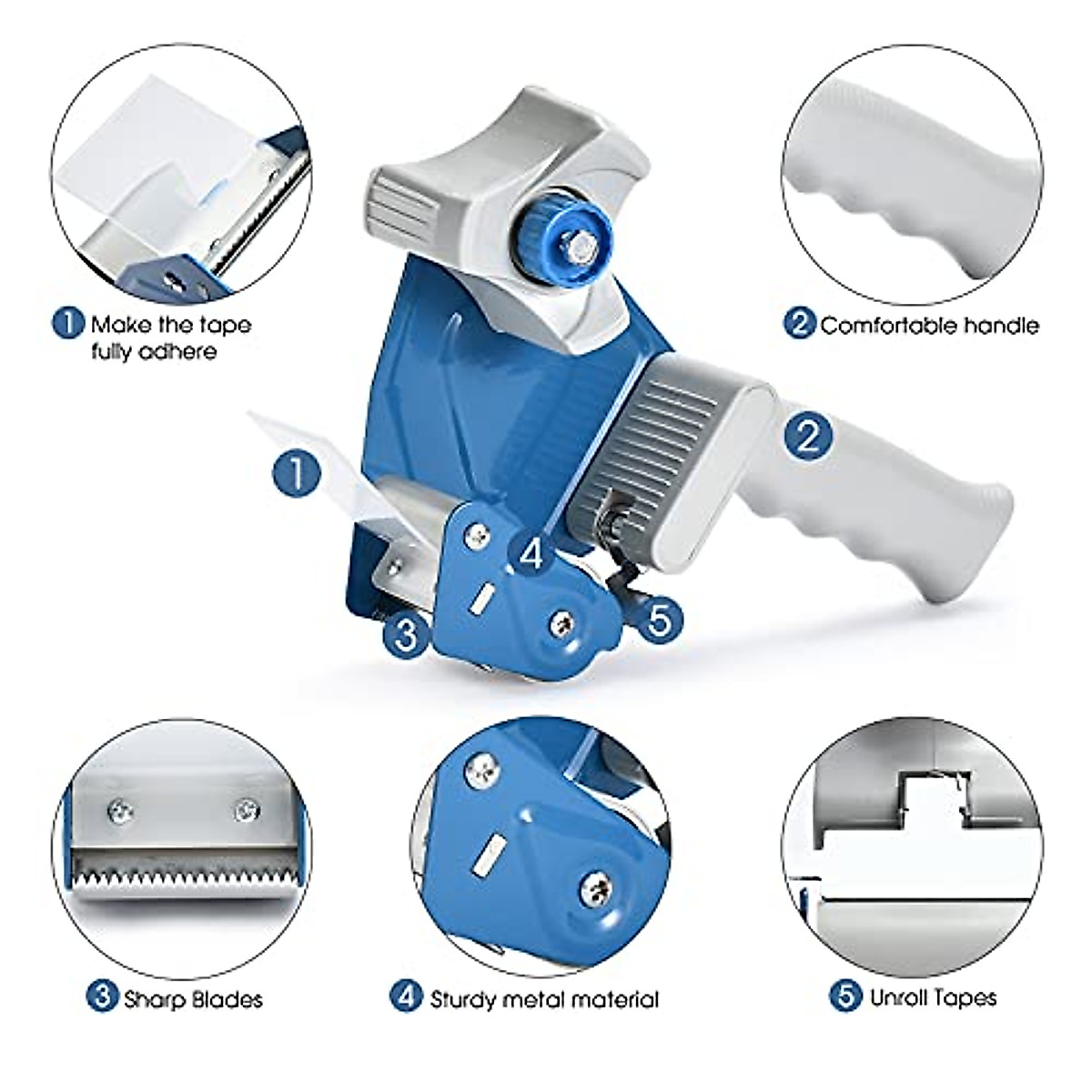 Packing Tape Dispenser Gun (2 Packs) Pacific Mailer 2 Inch Tape Gun Dispenser with 2 Inch Carton Packing Tape, Lightweight Industrial Side Loading Tape Dispenser - Blue