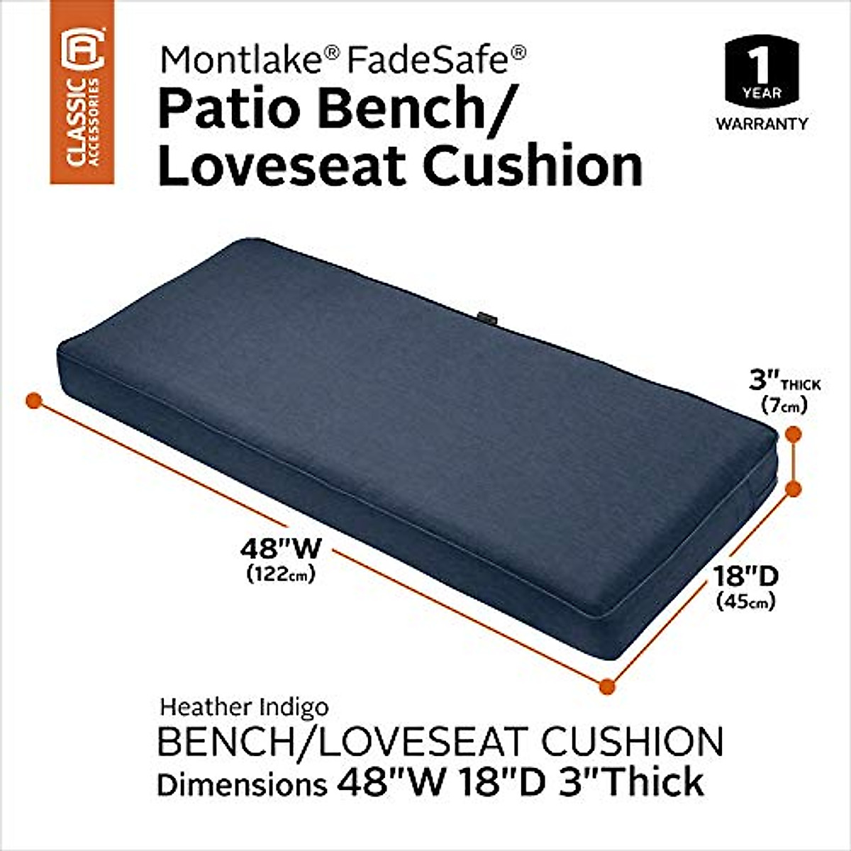 Classic Accessories Montlake FadeSafe Water-Resistant 48 x 18 x 3 Inch Outdoor Bench/Settee Cushion, Patio Furniture Swing Cushion, Heather Indigo Blue, Patio Loveseat Cushion
