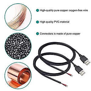 USB 2.0 Male Bare Cable Pigtail Open End Extension Cables 5V 3A Power Charge Wires DIY Connector Replacement Cable Cord 18AWG -2pcs (1M)