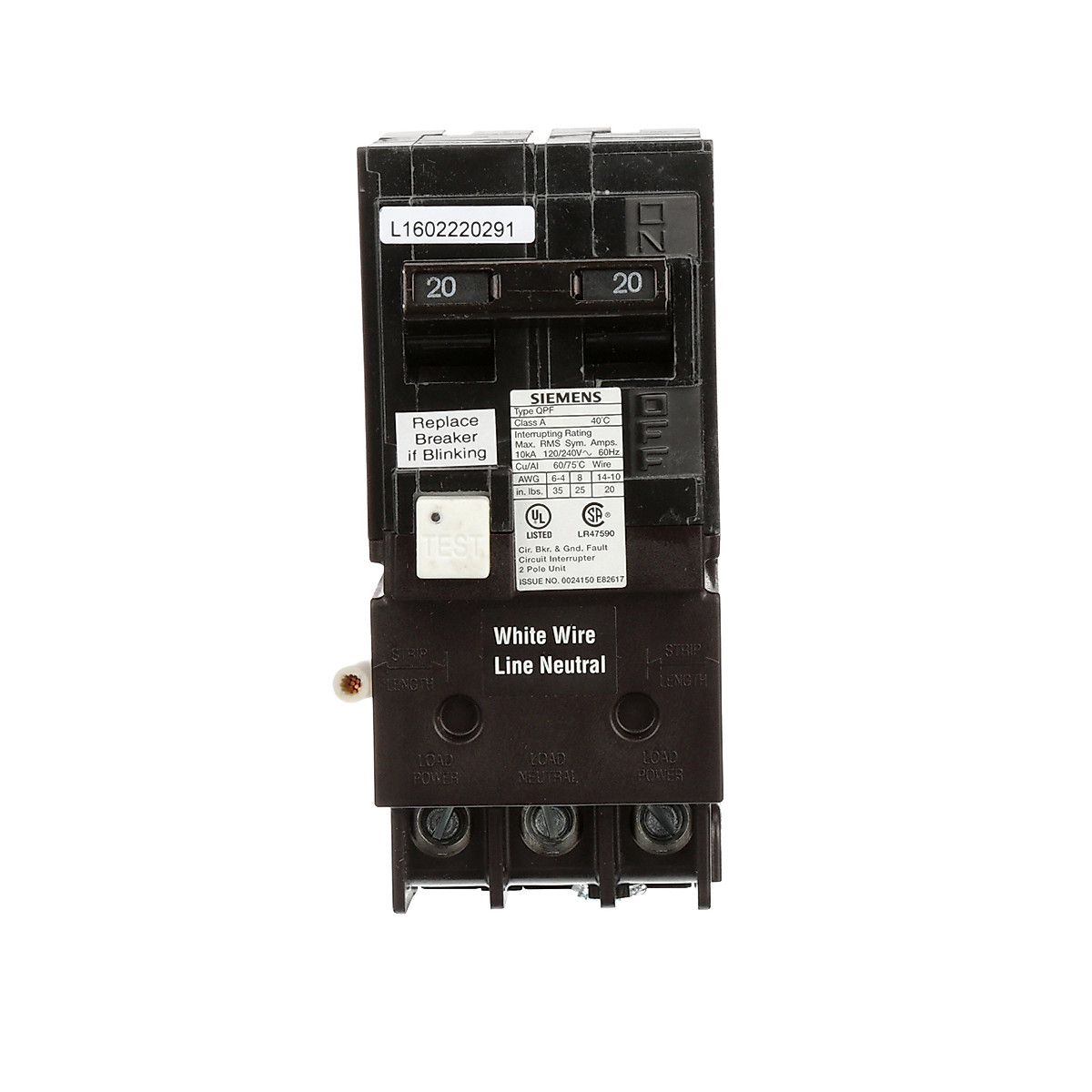 SIEMENS QF220A Ground Fault Circuit Interrupter, 20 Amp, 2 Pole, 120V, 10,000 Aic,