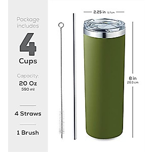 Insulated Skinny Stainless Steel Tumbler Set - 4-Pack 20oz Tumbler with Straw - Travel Coffee Mug With PBA Free Lids - Slim Vacuum Insulated Keep Hot and Cold - Great for Home, Office.