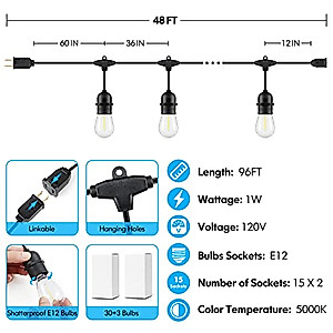 Lakumu 2-Pack 96FT Outdoor String Lights with Waterproof Shatterproof Dimmable 5000K Daylight White E12 Filament S14 LED Bulbs for Backyard Hanging Lights Linkable Patio Lights for Deck Bistro Pergola