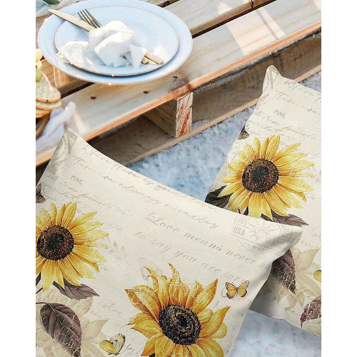 EwdeWwo Sunflower Outdoor Pillow Covers Pack of 2, Retro Sunflower Floral Butterfly Waterproof Pillow Covers Seasonal Spring Summer Throw Pillowcase for Patio Funiture Garden Tent, 16 x 16 inch