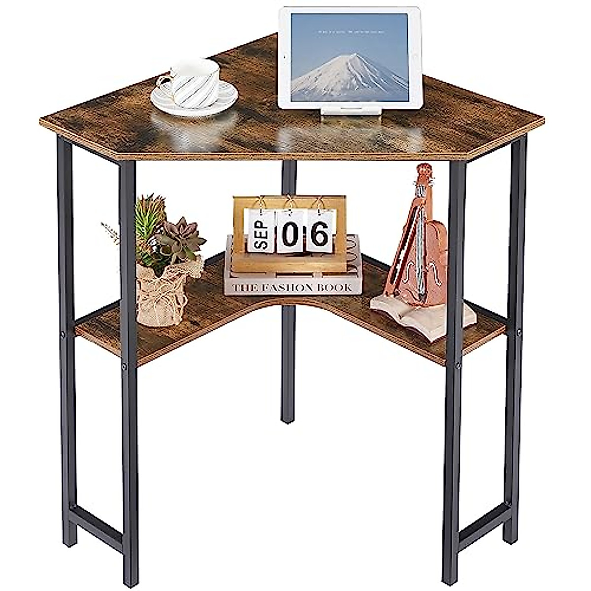 VECELO Corner Computer Desk 33 x 23 inches with Storage Shelves for Small Spaces,Triangular Shape,Brown