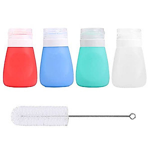 Timiuu Squeeze Salad Dressing Bottles with Cleaning Brush | Portable Sauce Bottle Condiment Bottles | Dressing to Go for Lunch | 1.3 OZ, Set of 4 | Food-grade Silicone, BPA Free