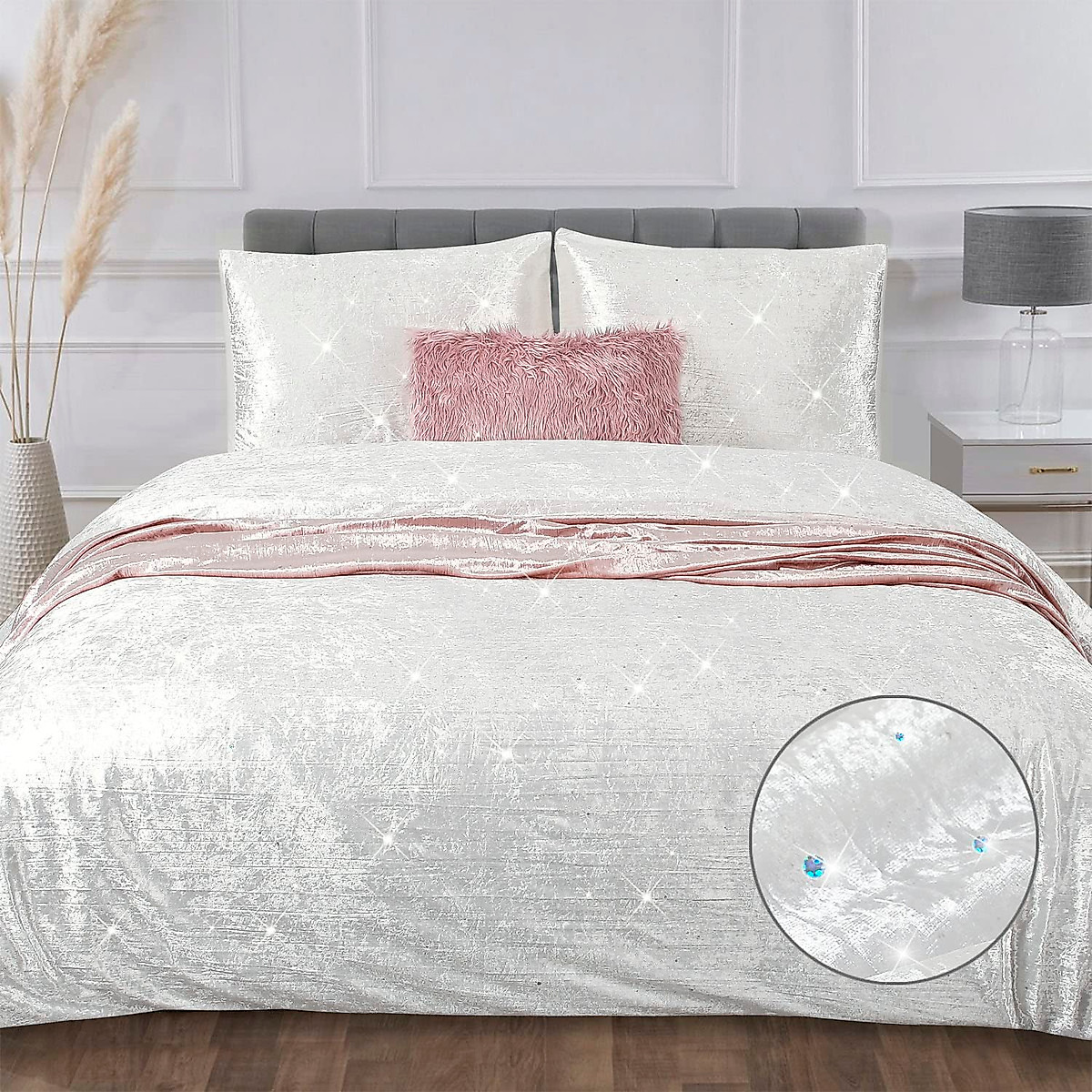 YINFUNG Boho Duvet Cover Velvet Queen Ivory Cream Luxury Crushed Crinkle Velvet Cotton Winter Sequin Glossy Sparkle Glitter Girl Starry Vibrant Textured 90×90 Bedding Set