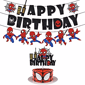 Glittery Spider Hero Birthday Party Banner and Cake Topper Decorations,Red Black Spider Hero Theme Party Decorations Supplies for Kids