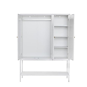LEVNARY Large Armoire Wardrobe Closet with 3 Doors, Rattan Wardrobe Cabinet with Shelves and Hanging Rail for Clothes, Freestanding Wooden Closet for Bedroom, White (47.24" W x 18.89" D x 62.99" H)