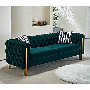 Zushule Tufted Velvet Chesterfield Sofa - A Modernized Classic with Gold Metal Legs and 2 Throw Pillows - Couches for Living Room, Office, and Bedroom - Emerald Green Couch