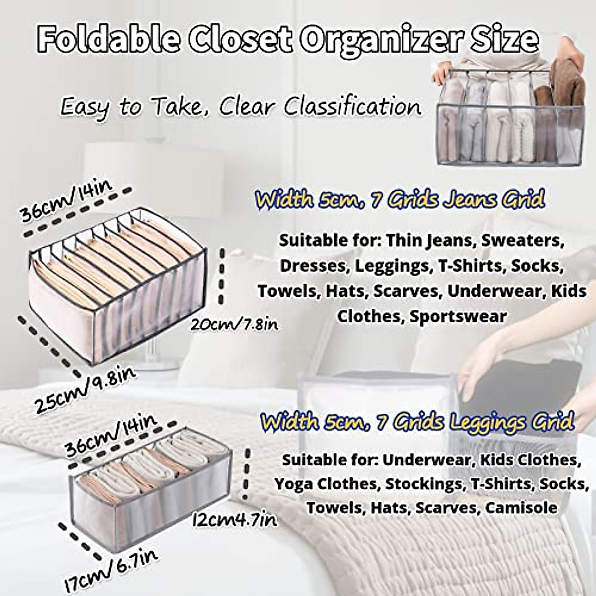 Wellcun Wardrobe Clothes Organizer 7 Grids, 2PCS Clothing Storage Bins, Underwear Drawer Organizer Clothes, Upgraded Foldable Jeans Compartment Storage Box, Mesh Clothes Storage Organizer