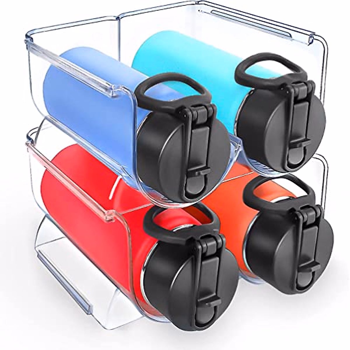 BESTonZON 2 Pack Plastic Water Bottle Organizer, Stackable Bottle Holder Storage Rack for Cabinet, Kitchen Countertop, Pantry Organization, Fridge, Free- Standing Cup Organizer Hold 4 Bottles, Clear