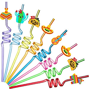 24 Pieces Fiesta Straws for Party Favors Reusable Mexican Cinco De Mayo Theme Party Drinking Straws Plastic Colorful Straws for Fiesta Taco Themed Birthday Party Decorations Supplies, 8 Styles