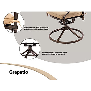 Grepatio 5 Piece Outdoor Dining Set Cast Aluminum Patio Dining Set Table and Chairs Outside Furniture 4 Mesh Swivel Chairs with Khaki Cushion and 1 Umbrella Round Dining Table for Lawn Garden Patio