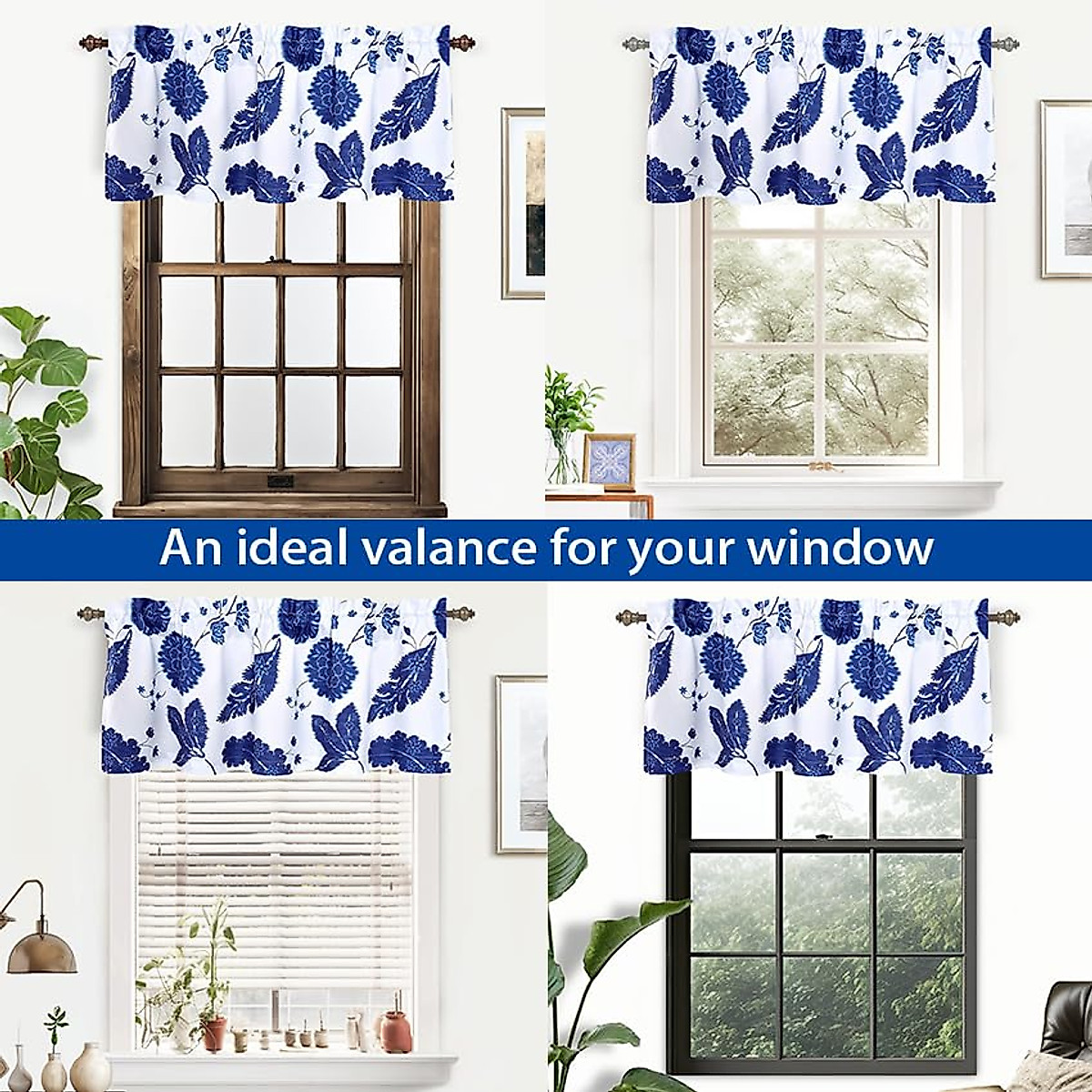 DriftAway Gianna Floral Leaf Botanical Lined Thermal Insulated Energy Saving Window Curtain Valance for Living Room Bedroom Kitchen Rod Pocket 2 Pack 52 Inch by 18 Inch Plus 2 Inch Header Navy