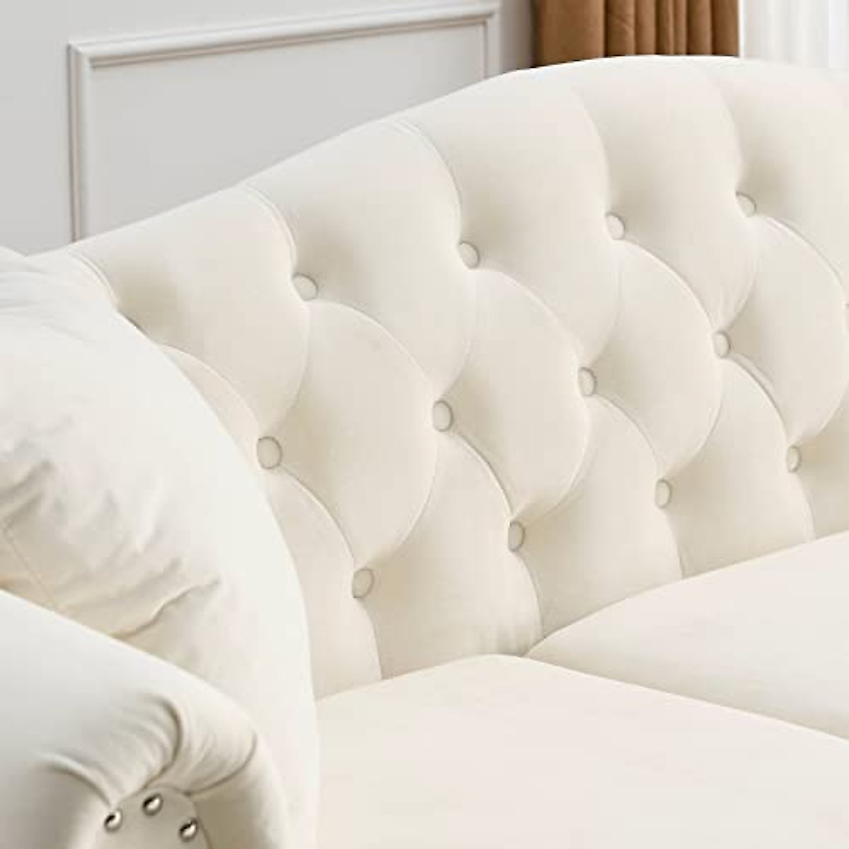 79" Velvet Chesterfield Sofa for Living Room,3 Seater Sofa Button Tufted Nailhead Trimming Curved Backrest Rolled Arms with Wood Legs with 2 Pillows,Bedroom,Office (Beige Velvet, 79*30*32")