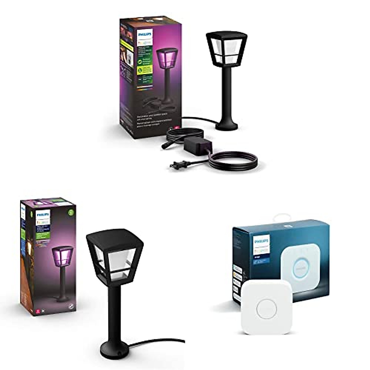Philips Hue Econic White & Color Ambiance Outdoor Smart Pathway Light Base Kit + Light Extension + Smart Hub